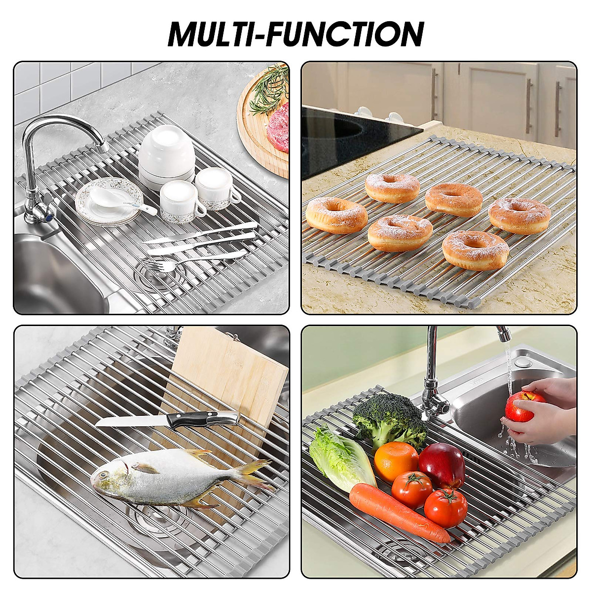 KIBEE Dish Drying Rack, 304 Stainless Steel Roll Up Over The Sink Drainer for Cups Fruits Vegetables,Gadget Tool for Many Kitchen Task(17.75 x 13.75 Gray)