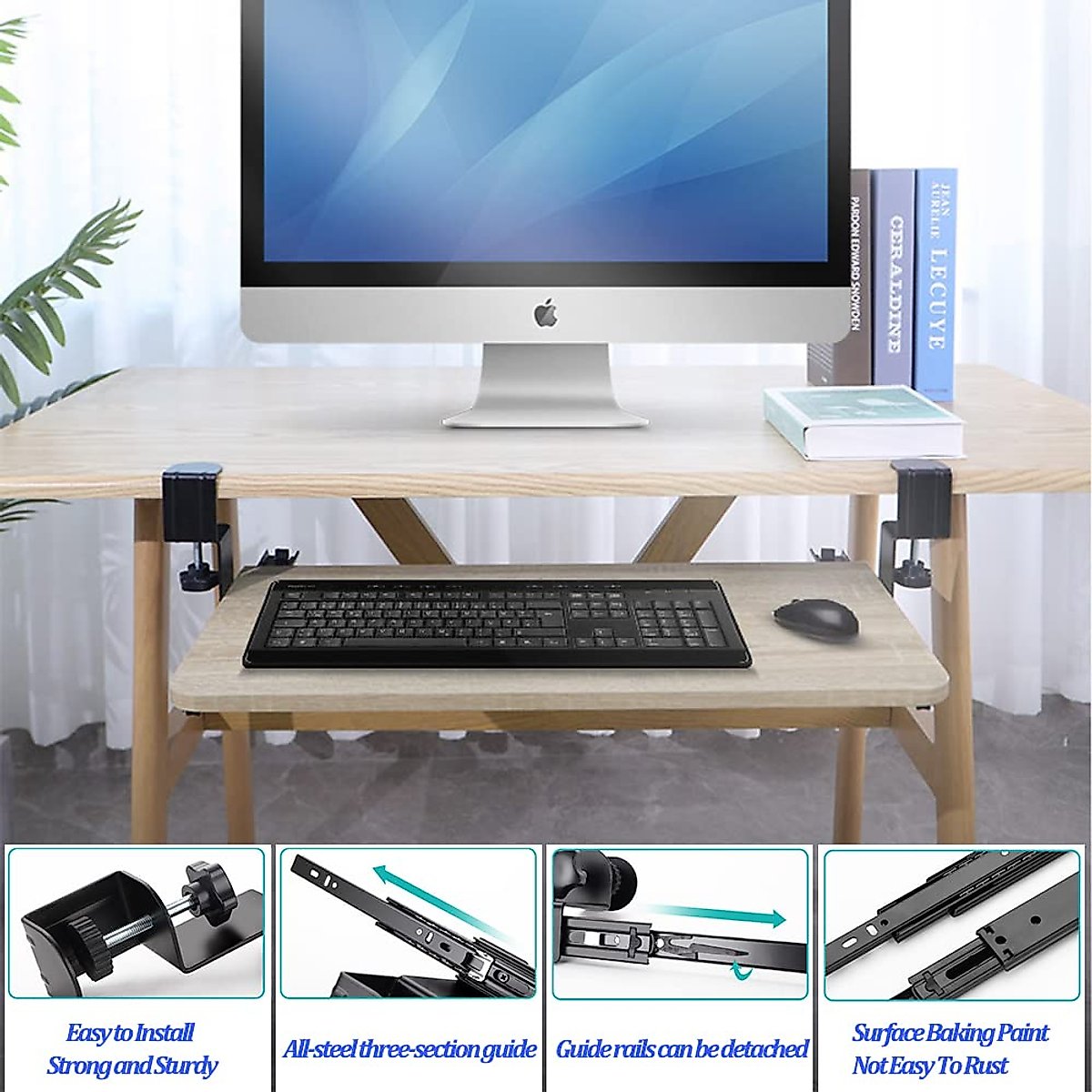 Niciksty Keyboard Tray Clamp Under Desk with Adjustable Clamp and 7.87IN Rail Set for DIY Custom Wooden Keyboard Trays (Tray Not Included), Under Desk Pull Out Slider Track with C-clamp Mount System