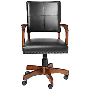 OSP Home Furnishings Deluxe Wood Banker's Chair with Antique Bronze Nailheads and Medium Brown Wood, Black Faux Leather