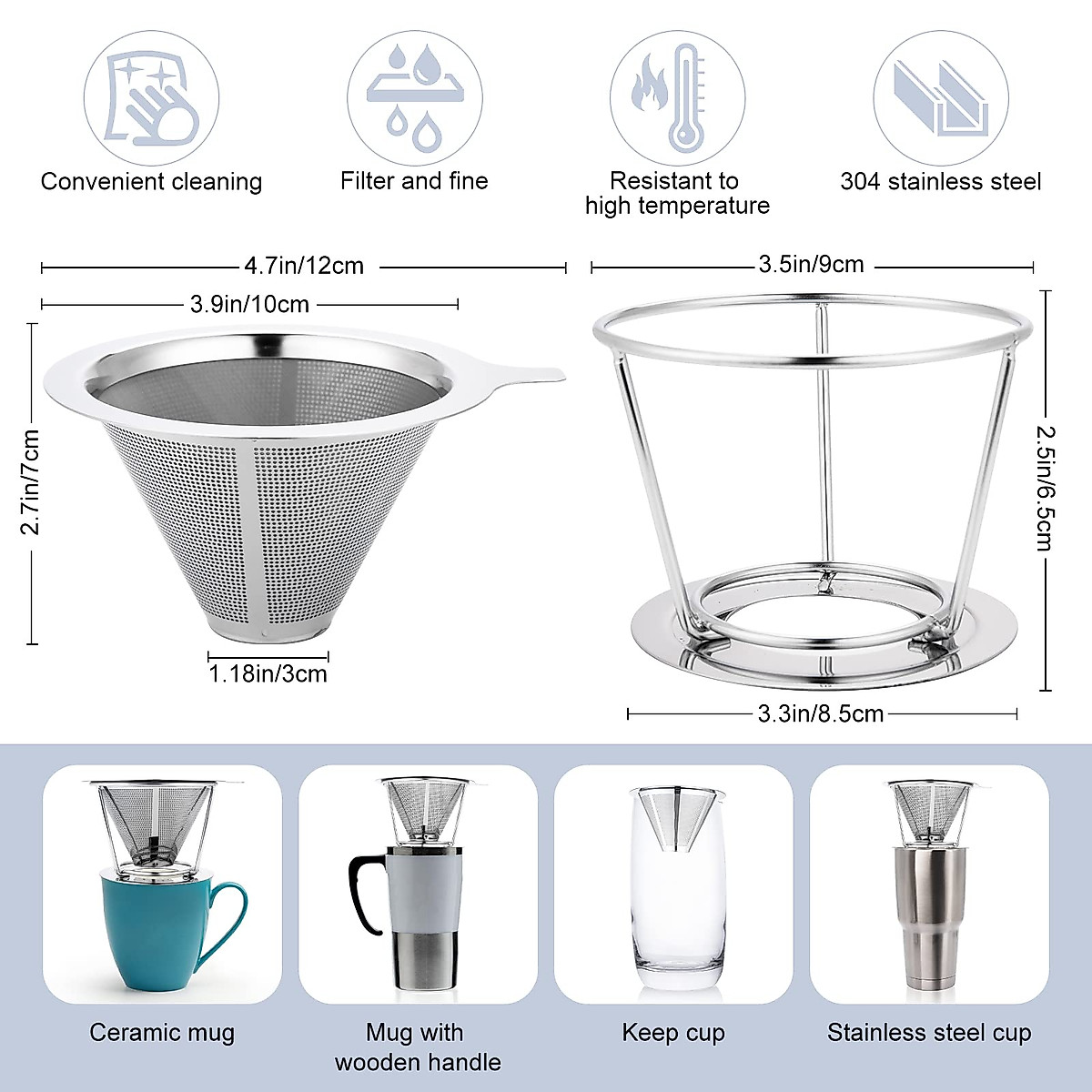 Yanyole Pour Over Coffee Maker,Coffee Filter,Slow Drip Paperless Stainless Steel Cone Coffee Dripper(1 Cup)