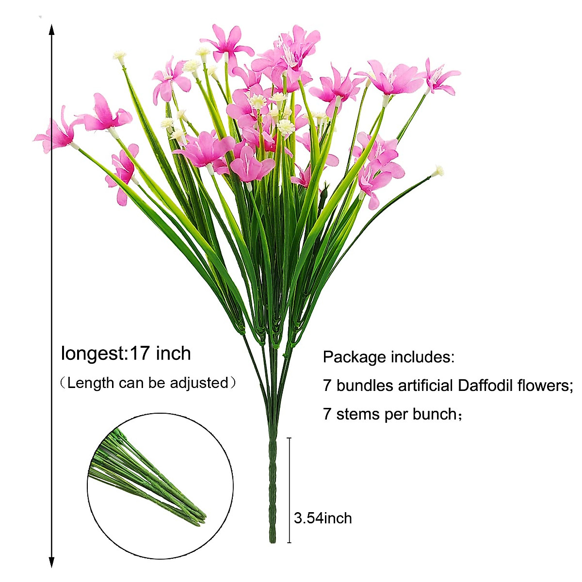 Guagb 7 Bundles Outdoor Artificial Daffodils Flowers UV Resistant Faux Shrubs Fake Plastic Plants for Hanging Planter Window Garden Porch Farmhouse Decor (Pink)