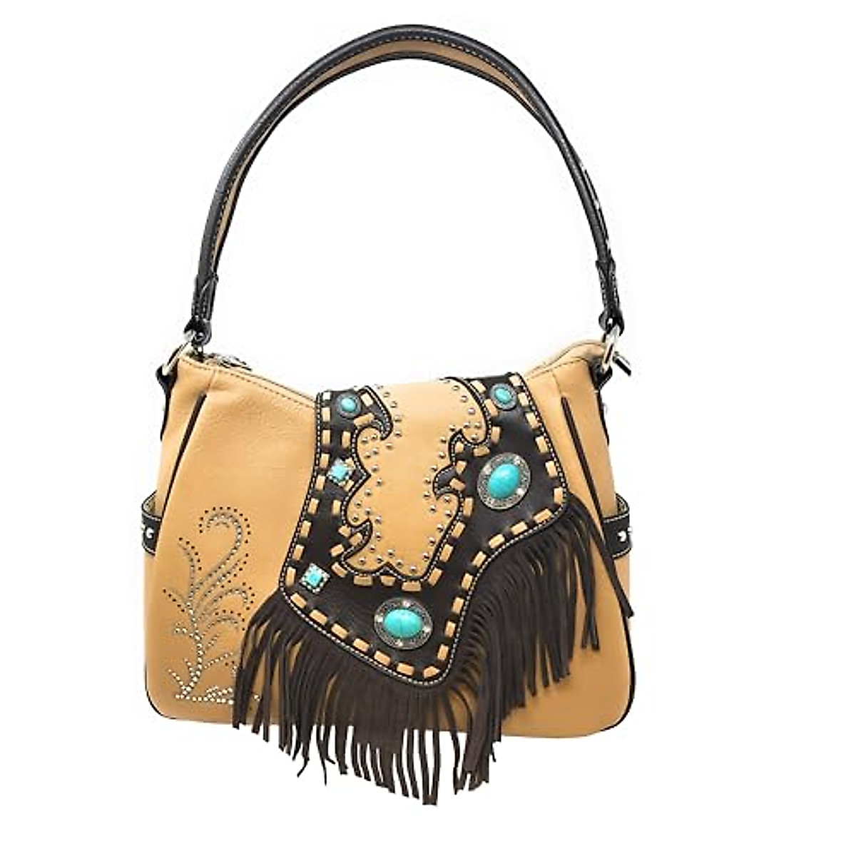 Turquoise and Fringe Western Shoulder Bag - Tan