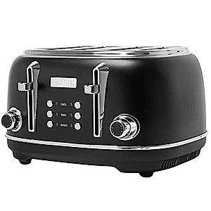 Haden Heritage 4-Slice Wide Slot Retro Toaster with Automatic Self-Center, Adjustable Settings, Reheat/Defrost, & Removable Crumb Tray, Black/Chrome