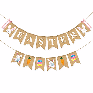 JOZON Easter Burlap Banner and Bunny Easter Eggs Carrot Burlap Banner Easter Banner Garland with Bunny Rabbit Signs and Bows Easter Decorations Party Decor for Easter Spring Party Supplies