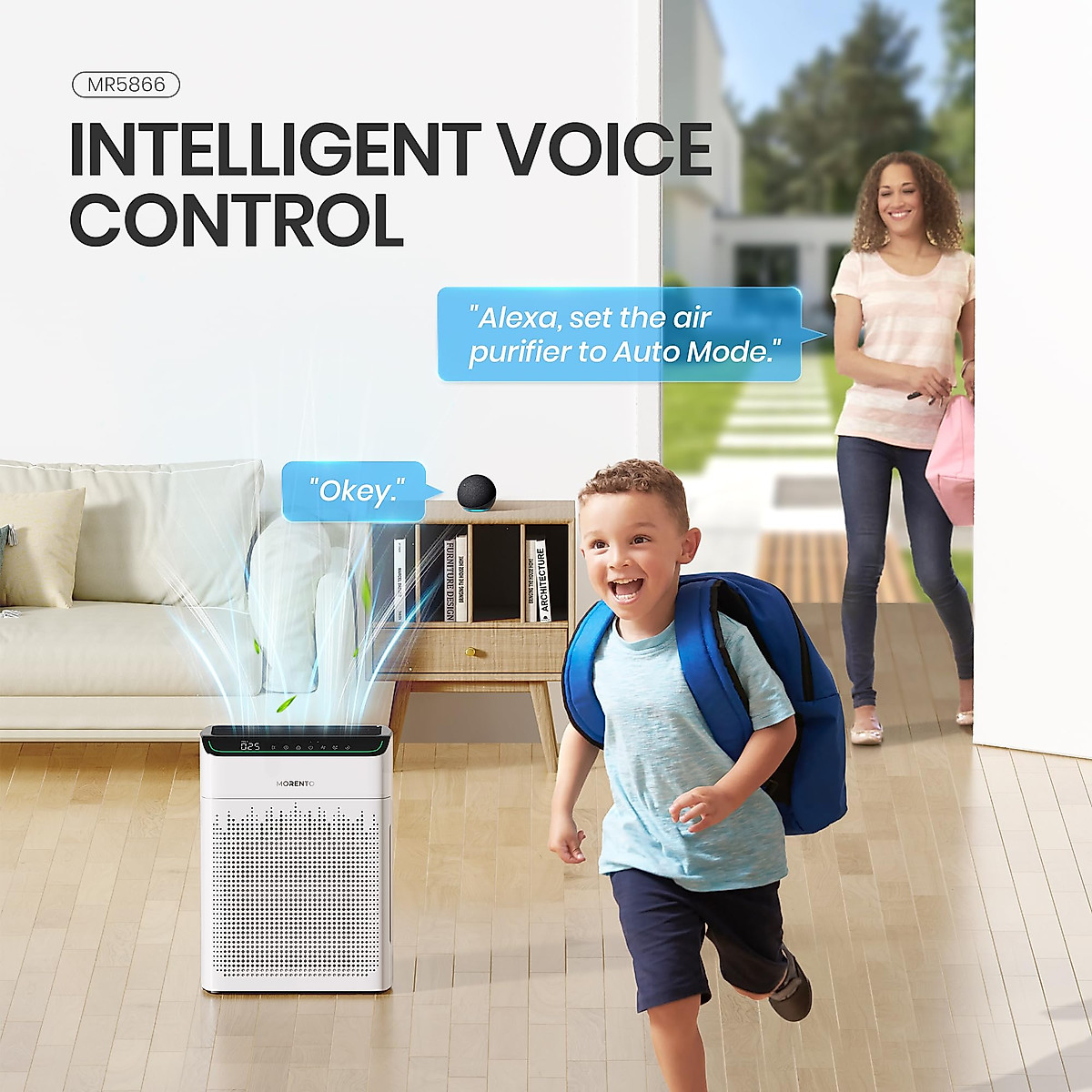 MORENTO Air Purifiers for Home Large Room Up to 1290 ft² with PM 2.5 Air Quality Monitor, Wi-Fi and Alexa compatible, HEPA Auto Mode Double-sided Air Inlet for Smoke and Odor, 23db, MR5866, White