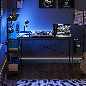 Bestier Gaming Desk with LED Lights, Computer Desk with 4 Tiers Reversible Shelves, 51.3 Inch Home Office Writing Desk with Side Storage Bag, Hooks and Height Adjustable Shelf (Black Grained)