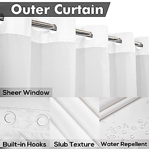Long No Hook Slub Textured Shower Curtain with Snap-in PEVA Liner Set - 71" x 77"(75"), Hotel Style with See Through Top Window, Fabric Curtain & Waterproof Liner, White, 71x77
