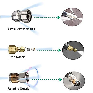 Selkie Pressure Washer Sewer Jetter Kit - 100Ft Hydro Drain Jetter Cleaner Hose, Corner, Rotating and Button Nose Sewer Jetting Nozzle Waterproof Tape,Orifice 4.0 4.5,1/4 Inch NPT,5800 PSI