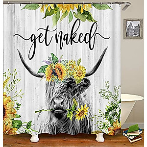 JAYDEN MADGE MAKE YOUR HOME SWEETER Jayden Madge 4PCS Highland Cow Shower Curtain Set with Rugs, Get Naked Watercolor Yellow Floral Botanical Country Western Farm Ani JM-IT010 0