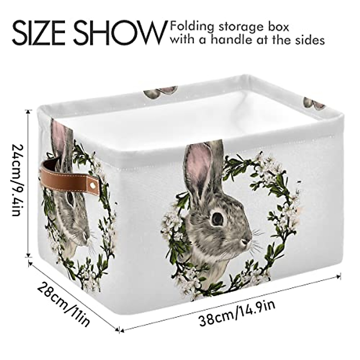 Easter Rabbit Flower Rectangular Storage Basket Storage Bin Collapsible Storage Box with Leather Handles Empty Gift Baskets Organizer for Office, Closet