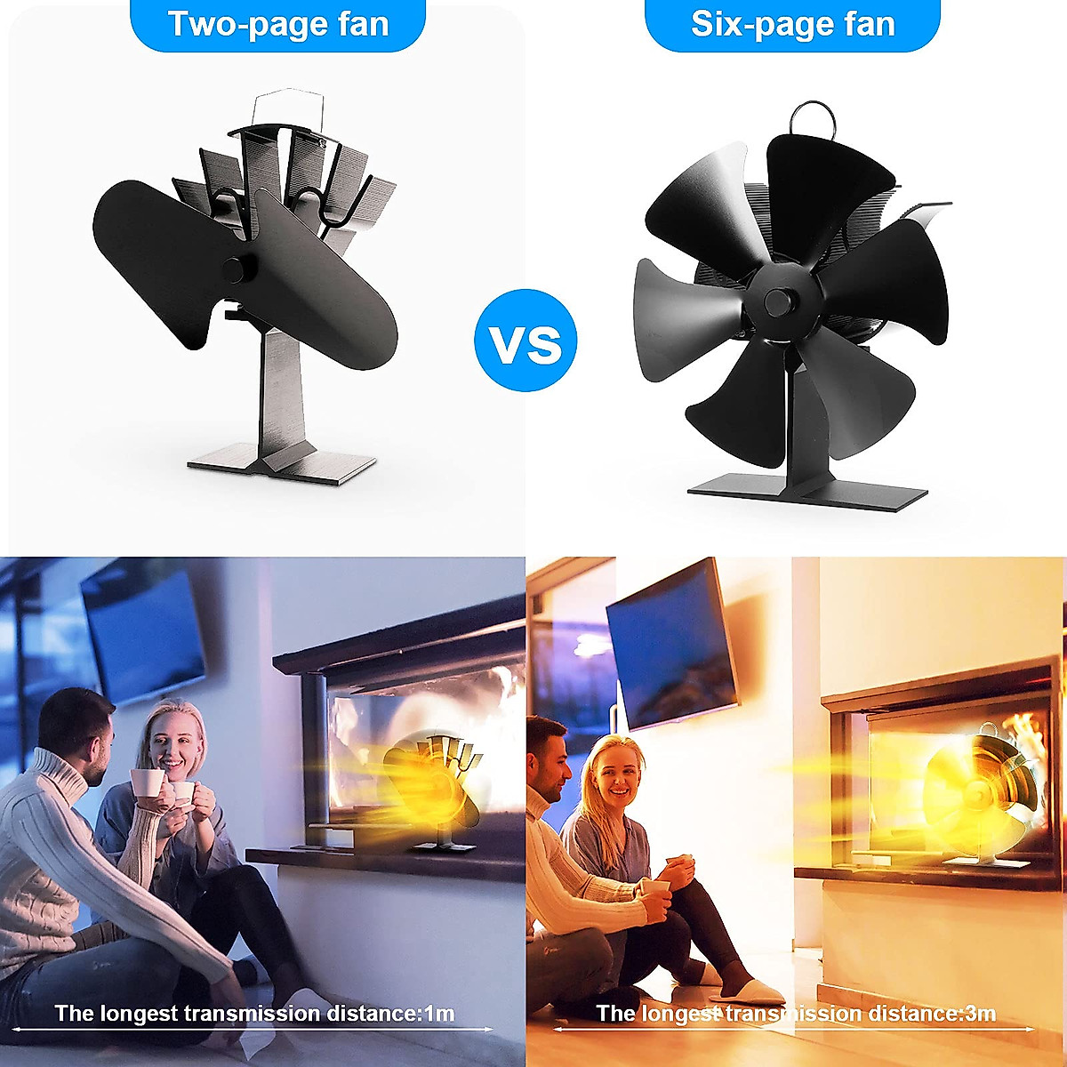 Ahageek Fire Fans for Stove, 6-Blades Stove Fan Silent Operation with Stove Thermometer for Wood/Log Burners/Fireplace Fan/Eco Friendly & Increased Efficient for Large Room