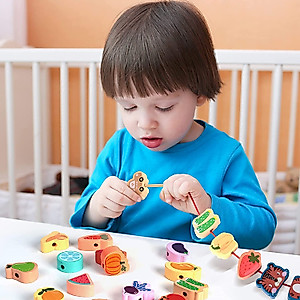57 PCS Lacing Beads Wooden Primary String Threading Beads Animals Fruits Lacing Toy Preschool Fine Motor Skills Montessori Educational Toy for 3 4 5 6 7 8 Years Old Kids Boys Girls