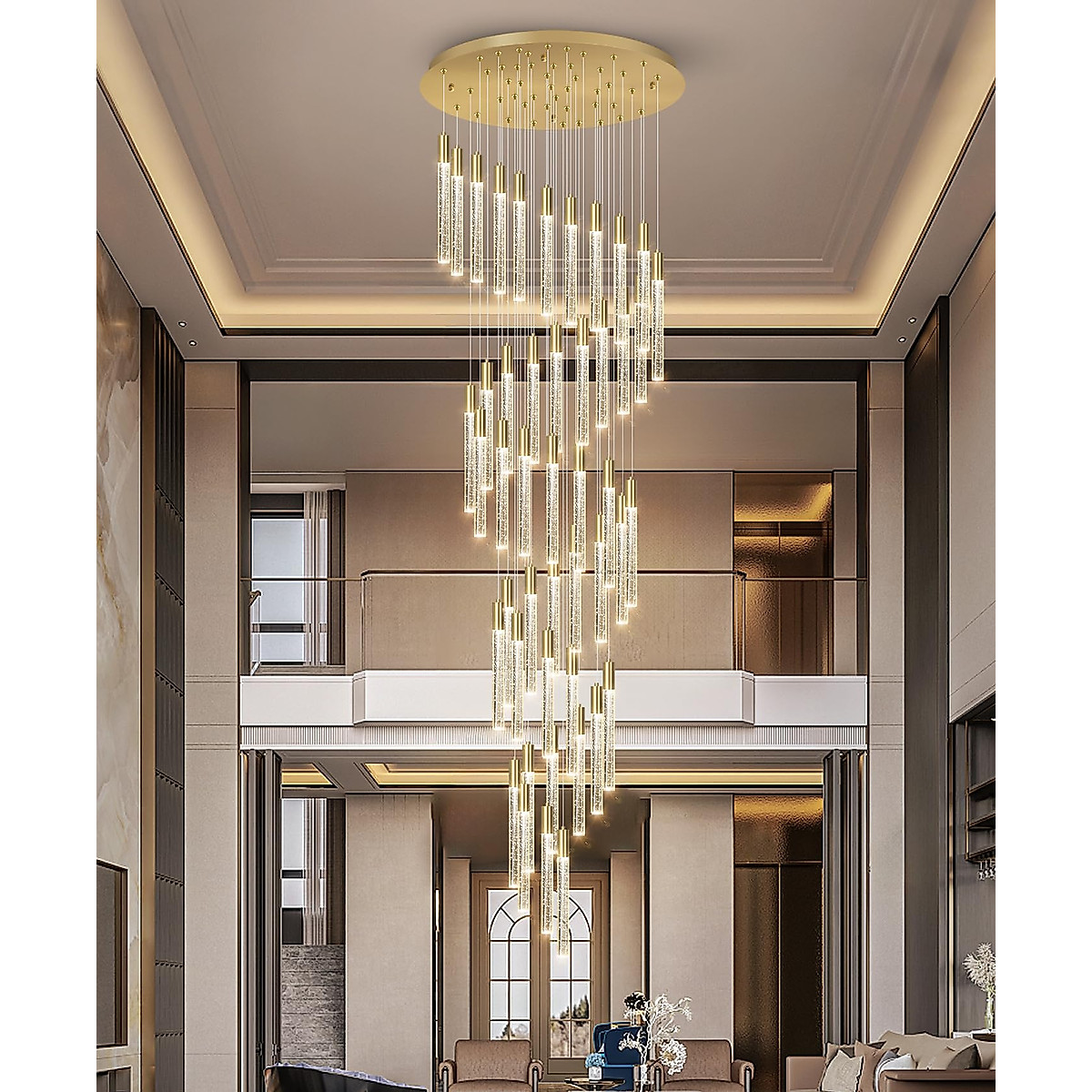 20ft Large Chandeliers for Living Room Gold Modern LED Lights High Ceiling Chandelier for Entryway Dining Room Ceiling Pendant Light Fixtures Sloping Ceiling Adjustable Dimmable Lighting