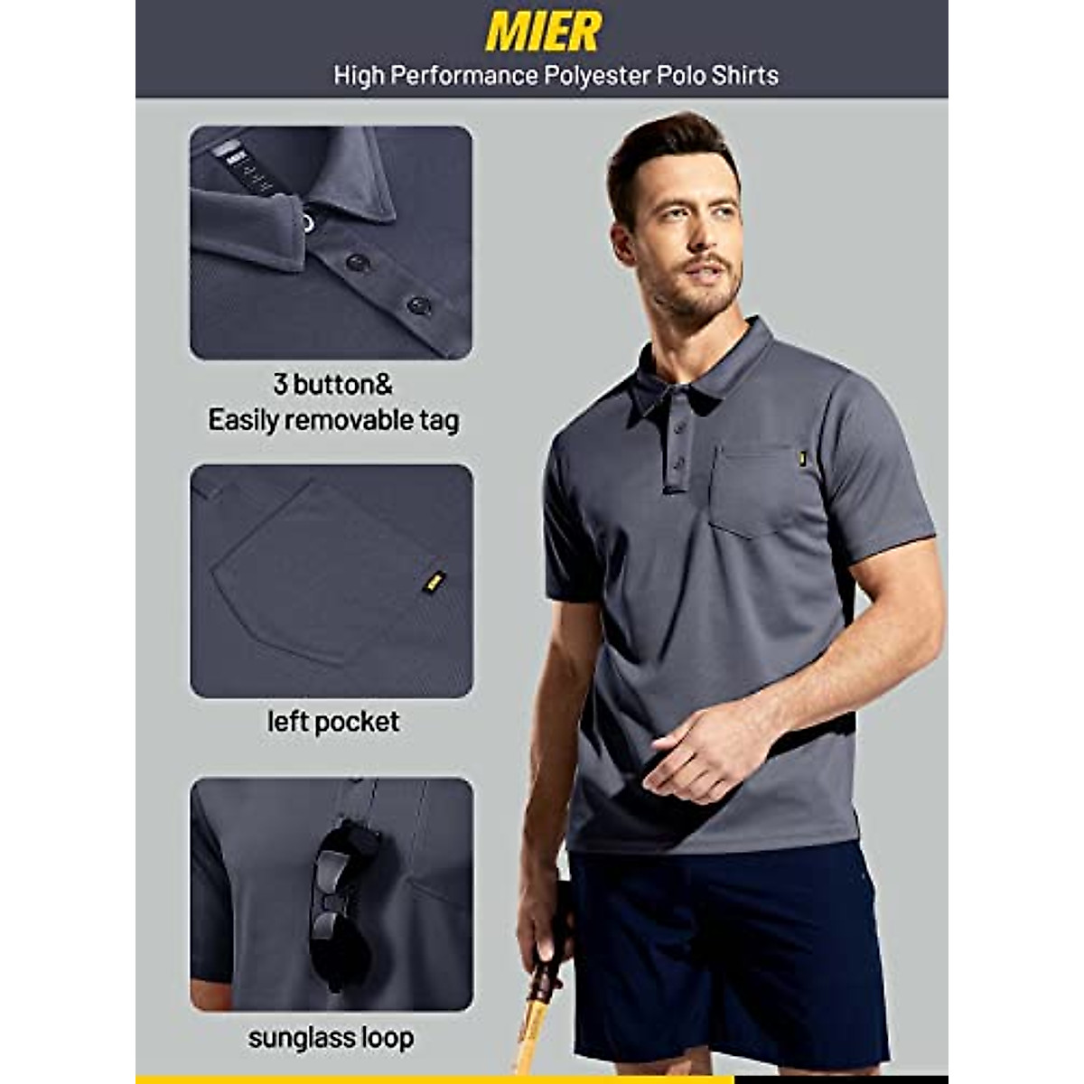MIER Men's Polo Shirts Polyester Casual Tennis Collared Shirts Short Sleeve with Pocket, Sun Protection, Grey, XXL