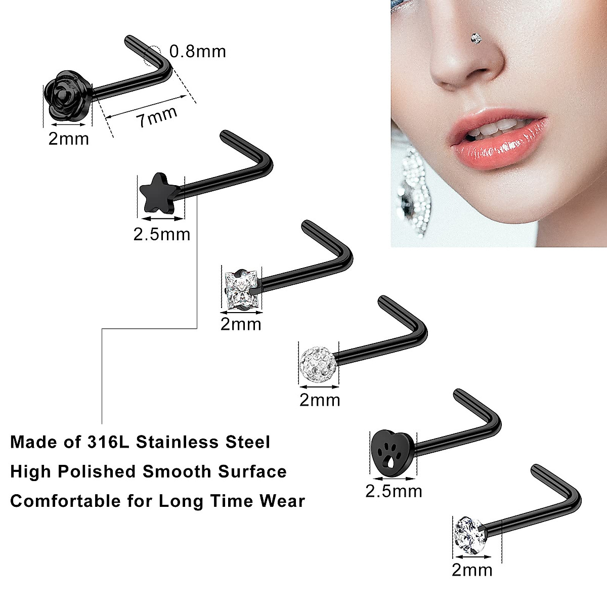 ONESING 40 Pcs 20G Black Nose Rings L Shape Studs Hoop Stainless Steel Bone Screw Body Piercing Jewelry for Women Men