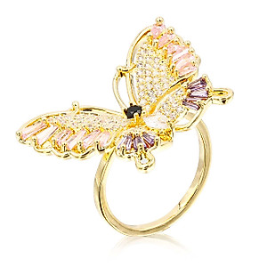 Lavencious Butterfly Design with AAA CZ Color Stones Adjustable Statement Rings for Women (Gold + Multi Color CZ)