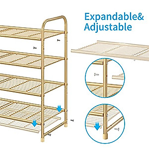 Simple Trending 4-Tier Stackable Shoe Rack, Expandable & Adjustable Shoe Organizer Storage Shelf, Wire Grid, Golden Yellow