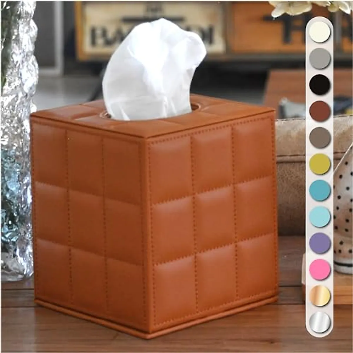 Luxury 5 Star Hotel Style Tissue Box Cover - Sturdy and Stylish Tissue Box Holder with a Custom Height and Modern PU Leather Exterior, 13.5x13.5x15cm - Light Brown