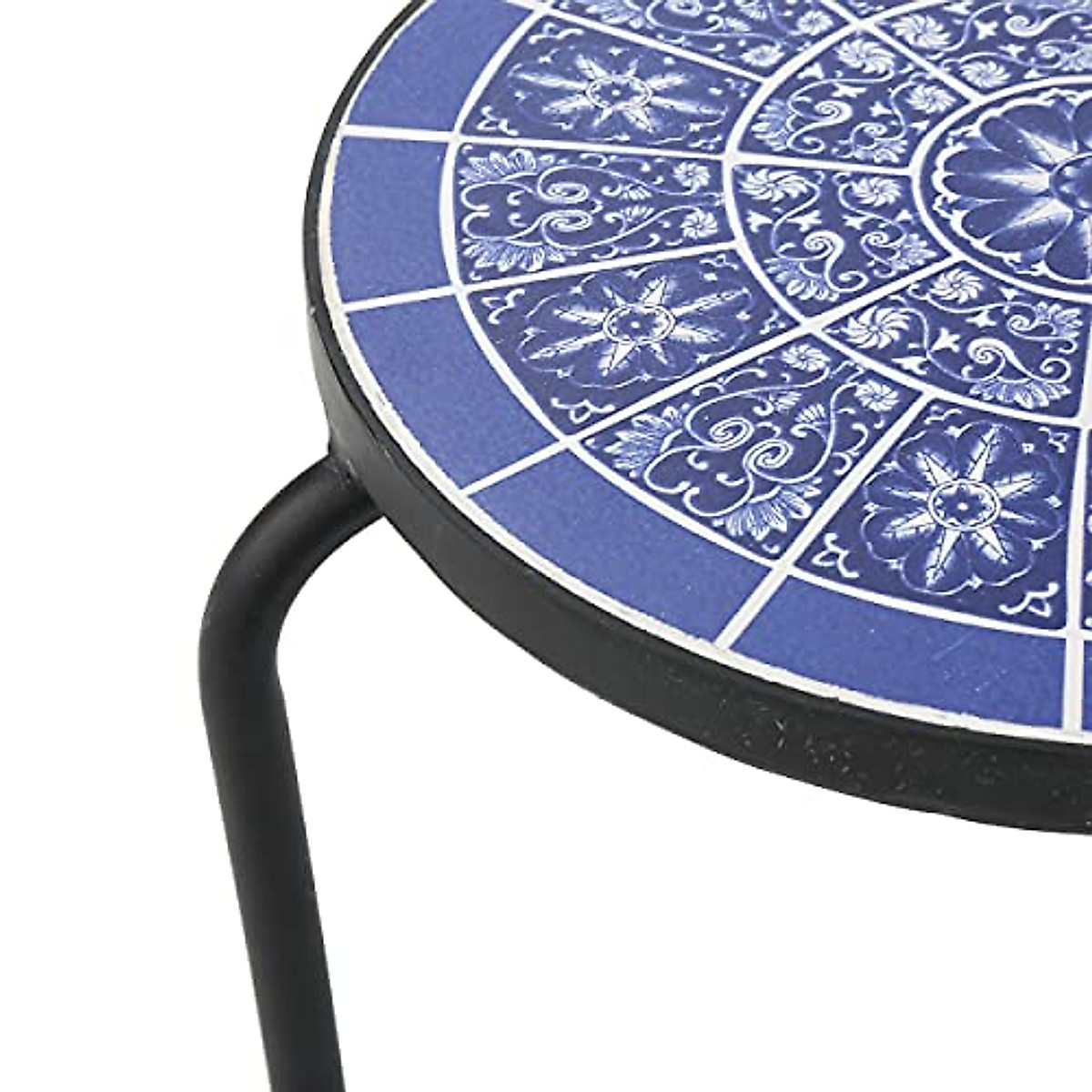 Christopher Knight Home Slate Outdoor Ceramic Tile Side Table with Iron Frame, Blue / White