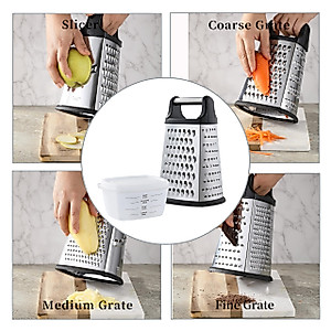 Cheese Grater, Little Cook Stainless Steel 4-Sided Box Grater, Detachable 3 Cup Storage Container and Measurement Markings Graters With Handle for Kitchen, Dishwasher Safe (Black)