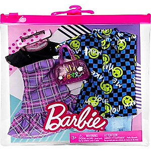 Barbie Ken Fashions 2-Pack Clothing Set, 1 Outfit & Accessory for Barbie Doll: Plaid Dress & Purse, 1 Outfit & Accessory for Ken Doll: Smiley Face Dress Shirt & Denim Shorts