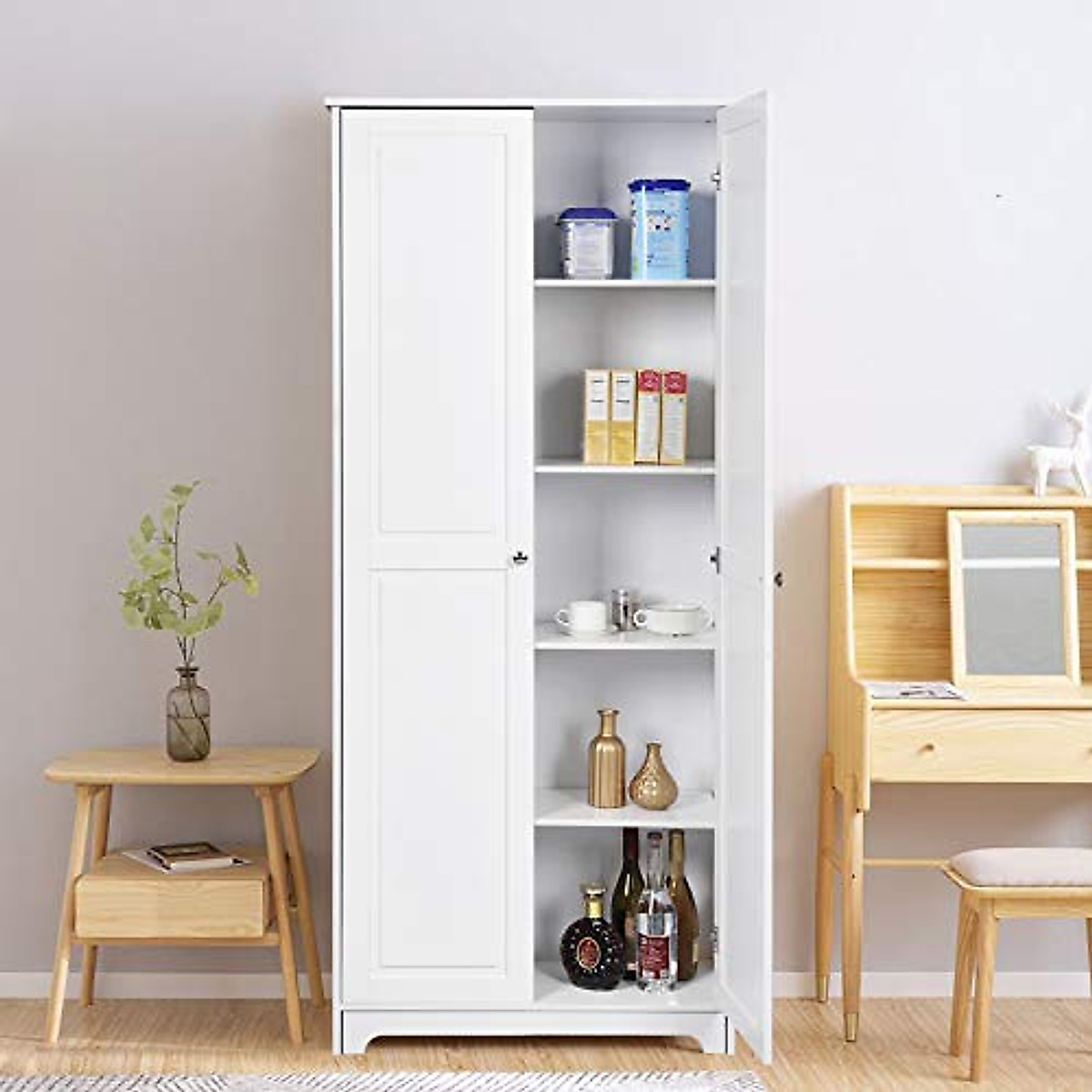 VINGLI White Pantry Cabinet, Tall Kitchen Pantry Storage Cabinet, Freestanding Pantry Cupboard, 2 Door Pantry for Laundry Room, Kitchen, Apartment