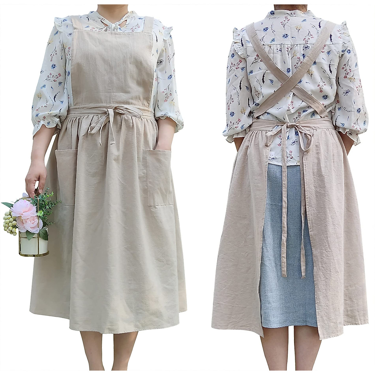 Cute Retro Cotton Linen X-Back Aprons Home Kitchen Garden Art Painting Pinafore Florist Shop Overalls (Beige, 39L)
