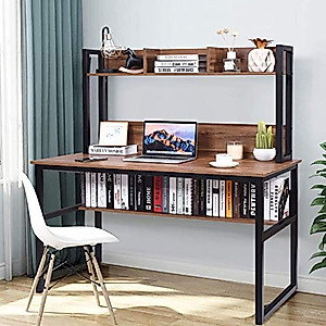 Tangkula Computer Desk with Hutch, Home Office Desk Study Writing Desk with Storage Bookshelves, Space Saving Computer Workstation for Home Office (Light Walnut)
