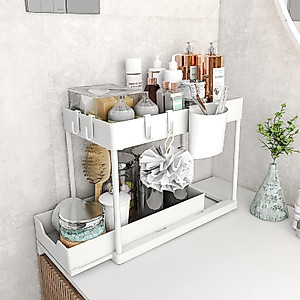 Usbalano 2-Tier Under Sink Organizer, Sliding Under Bathroom Cabinet Storage Drawer Organizer with Hooks, Hanging Cup, Multi-purpose Under Sink Shelf Organizer, White