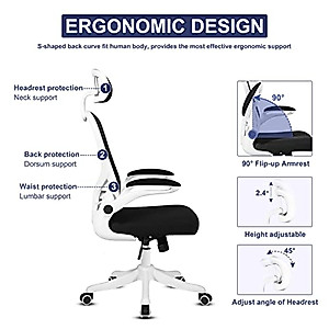 Misolant Office Chair, Ergonomic Desk Chair, Mesh Chair, Office Desk Chair, Ergonomic Chair, Mesh Computer Chair with Adjustable Headrest, Lumbar Support and Flip-up Arms for Home or Office (White)