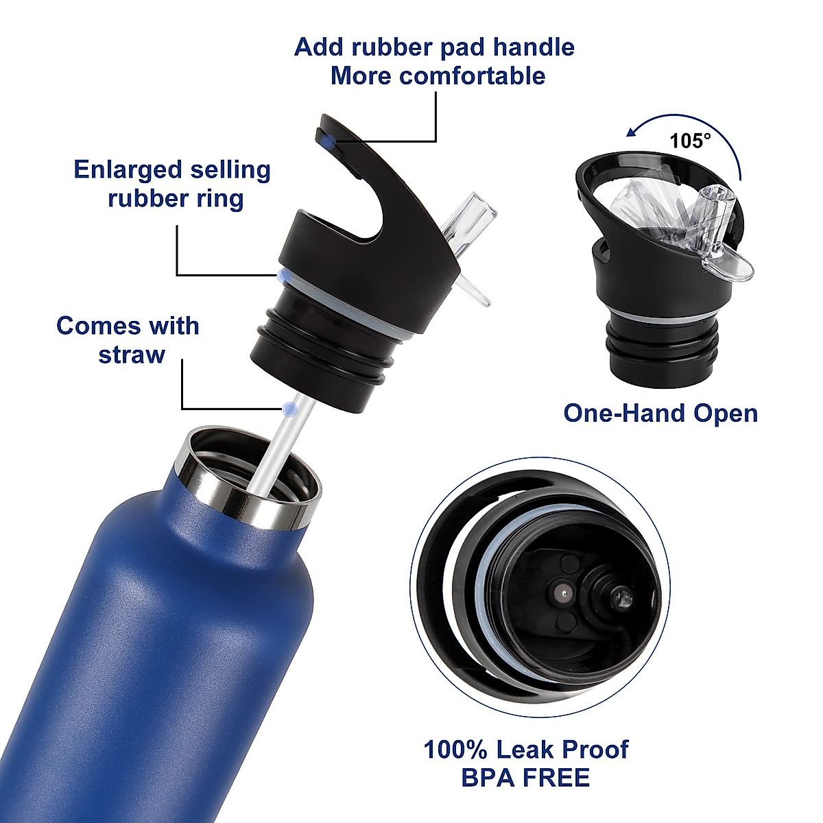 Neihepal 24oz Insulated Water Bottles Bulk 8 Pack,Stainless Steel Double Wall Sport Bottle with Straw Lid,Metal Reusable Thermoses Cup with Hand Cap for School,Cyclists,Hikers,Gift (Navy,Set of 8)