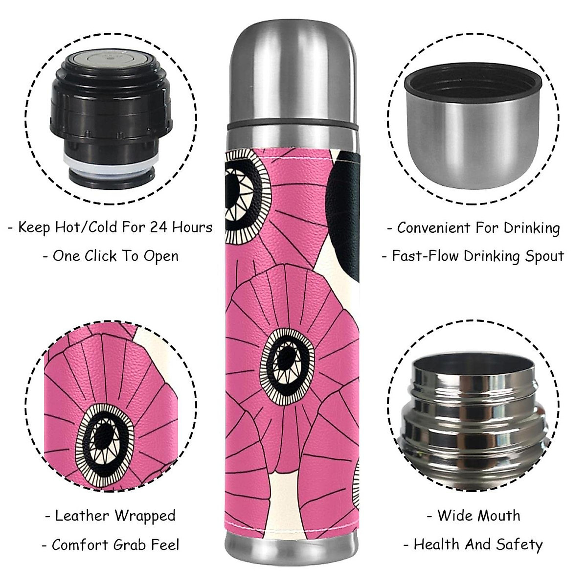 Stainless Steel Leather Vacuum Insulated Mug Flowers Thermos Water Bottle for Hot and Cold Drinks Kids Adults 16 Oz