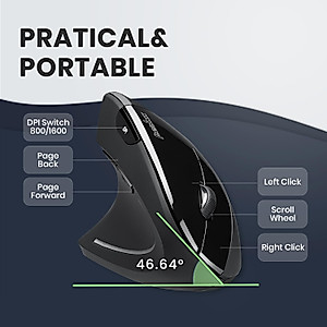 Perixx PERIMICE-713L, Wireless Ergonomic Left Handed Vertical Mouse, 6 Buttons Design, 3 Level DPI, Black, Medium