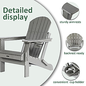 Withniture HDPE Folding Adirondack Chair Set of 4,All Weather Resistant Adirondack Chair with Cup Holder, Patio Chair Wood Texture Fire Pit Chairs for Outdoor Patio Lawn Garden, Grey
