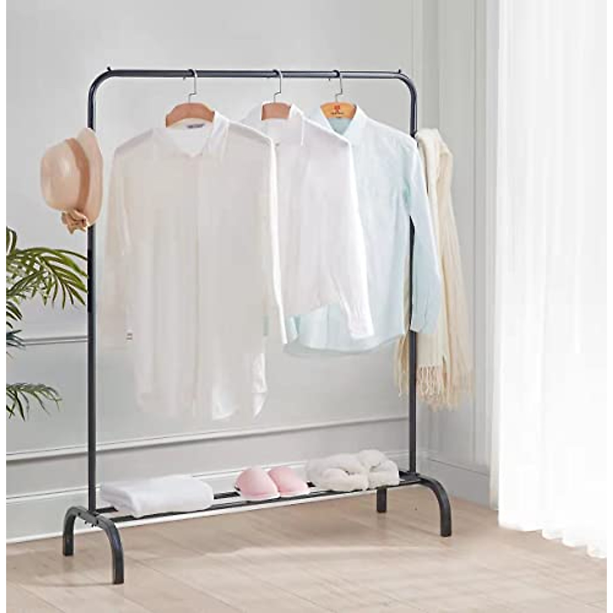 WEASHUME Metal Clothing Rack Stand with Top Rod and Storage Bottom Shelf Clothes Drying Rack,Garment Rack Portable Coat Rack for Bedroom Black