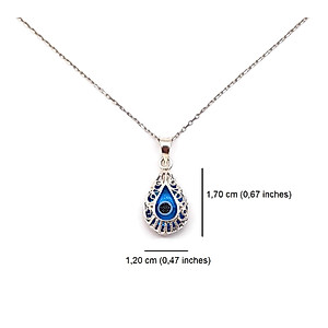 MYSTIC JEWELS By Dalia - 925 Sterling Silver Glass Evil Eye Drop Shape Filigree Pendant with Silver Chain
