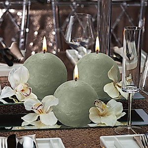 BOLSIUS 3 Pack Fresh Olive Rustic Ball Pillar Candles - 3 Inch - Premium European Quality - Includes Natural Plant-Based Wax - Unscented Dripless Smokeless 25 Hour Party Décor and Wedding Candles