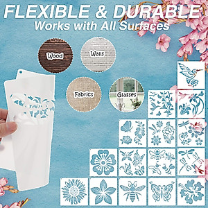 16 Pieces Flower Stencil for Painting Bee Sunflower Butterfly Spring Stencil Large Template Reusable Summer Painting Stencil and Metal Open Ring for DIY Craft on Wood Wall Home Decor(5.1 x 5.1 Inch)