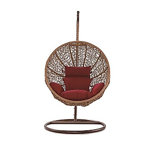 Manhattan Comfort Zolo Egg Patio Swing Chair with Removable Water-Repellent Cushion, All-Weather Metal & Wicker Rattan Hanging Lounge, for Indoor and Outdoor Use, Free-Standing Design, Red