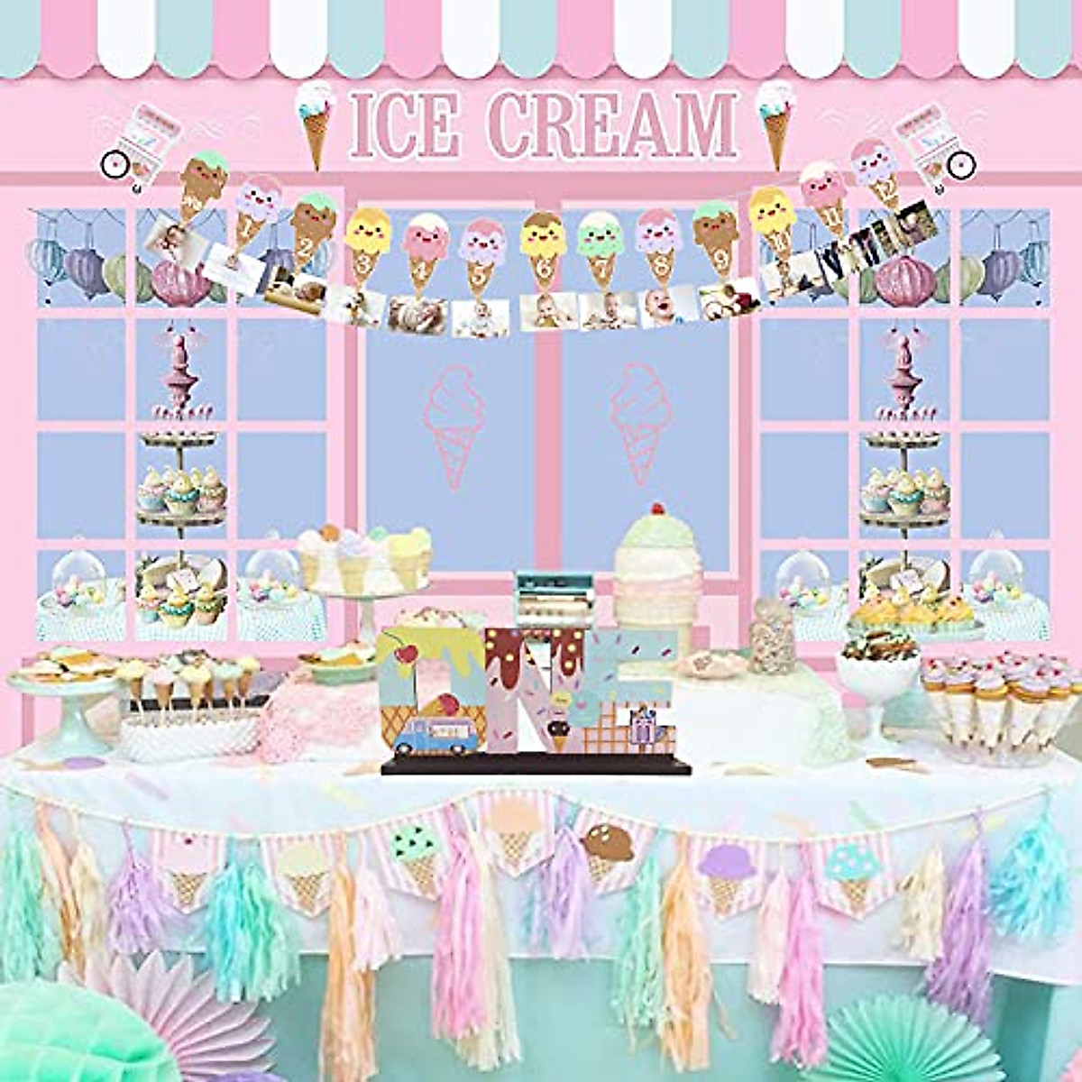 Ice Cream Monthly Photo Banner - Ice Cream 1st Birthday Monthly Banner Baby Girl 12 Month Photo Display Milestone Photograph Bunting Garland for Ice Cream First Birthday Party,Sweet One Summer Party