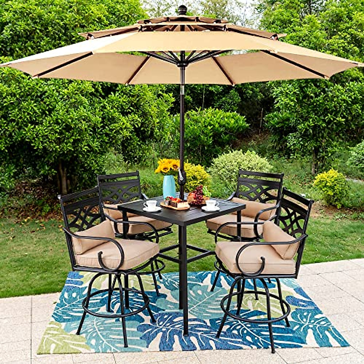 PHI VILLA Outdoor Swivel Bar Stools Set of 2, Metal Tall Patio Bar Height Chairs, Strong and Heavy Duty Outdoor Counter Height Bar Stools with Cushion and Pillow, Max Load Bearing up to 300 Lbs