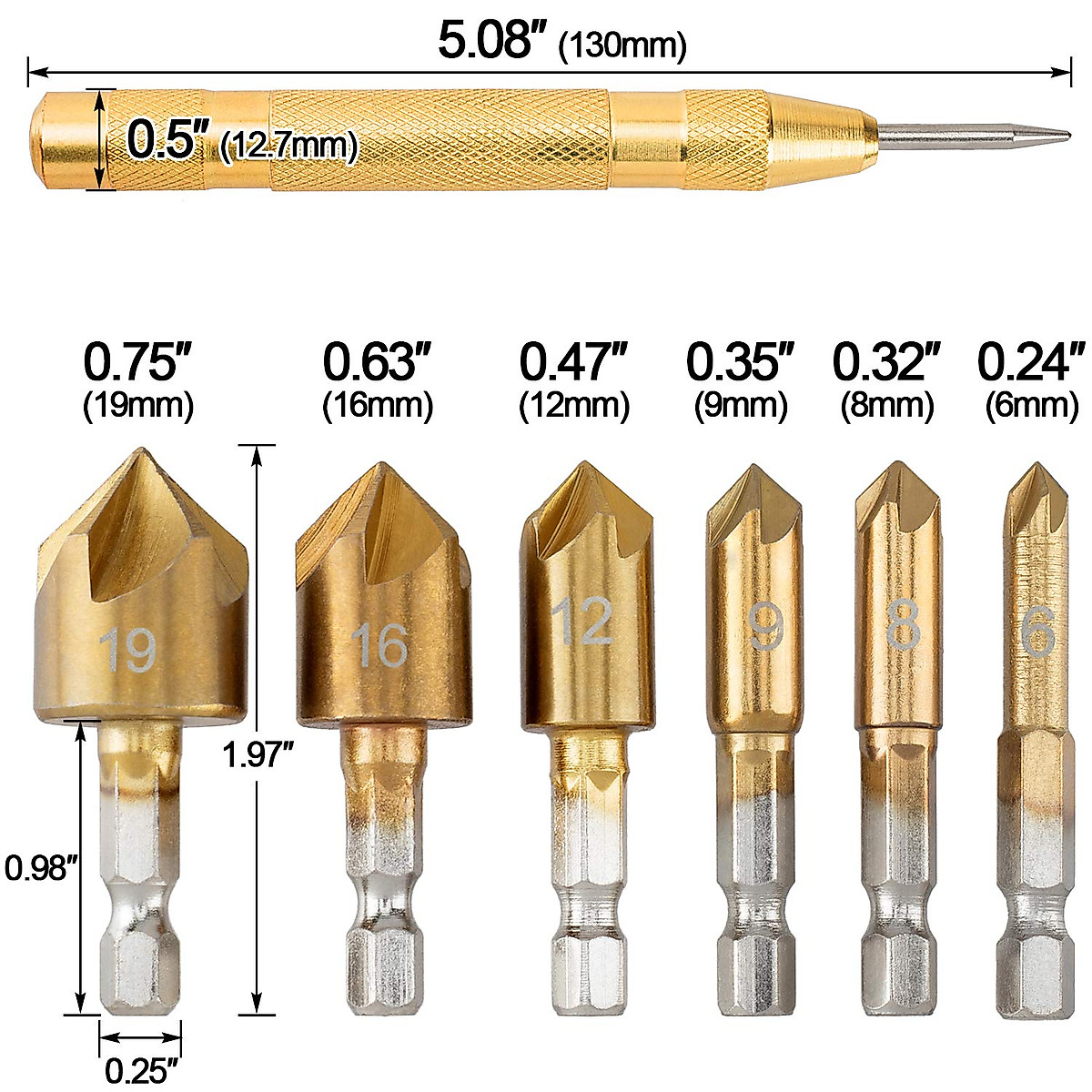 PAGOW Countersink Drill Bit Set- 7 Pcs Counter Sinker Drill Bits for Wood, Quick Change, 1/4'' Hex Shank, High Speed Steel, 6 Flute 90 Degree Center Punch Tool, 1/4''-3/4''