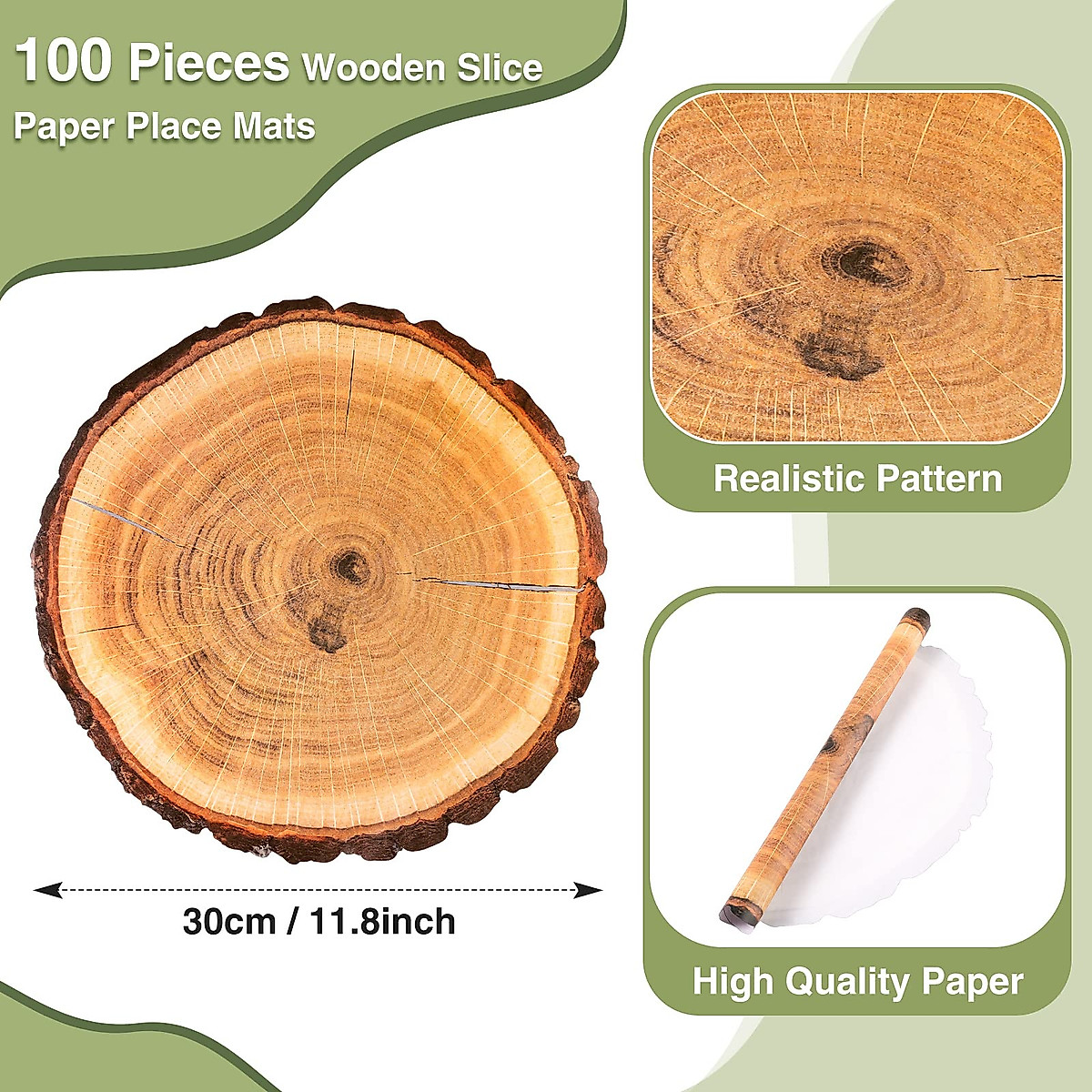 TaoBary 100 Pieces Disposable Wooden Slice Paper Place Mats Round Rustic Brown Wood Slices Charger Place Mat Bulk Table Paper Placemats for Summer Spring Fall Wedding Dinner Baby Shower Birthday Party