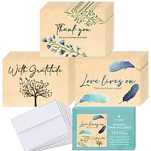 T MARIE 24 Funeral Thank You Cards With Message Inside - 4.5 x 6.25” Rustic Kraft Style Bulk Sympathy Thank You Cards with Envelopes - Memorial, and Bereavement Boxed Set Thank You Notes