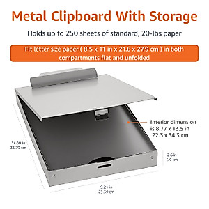 Amazon Basics Metal Clipboard with 2 Compartments and Interior 250 Sheet Paper Storage, 14.09 x 9.21 x 2.6 Inches
