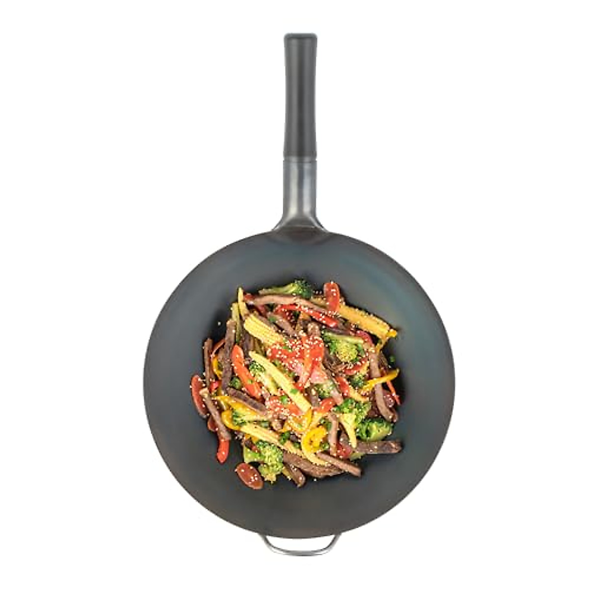 Restaurantware-Motomori 14 Inch Pre-Seasoned Carbon Steel Wok, 1 Traditional Japanese Wok - Flat Bottom, Wooden Handle, Black Carbon Steel Traditional Stir Fry Pan, With Helper Handle