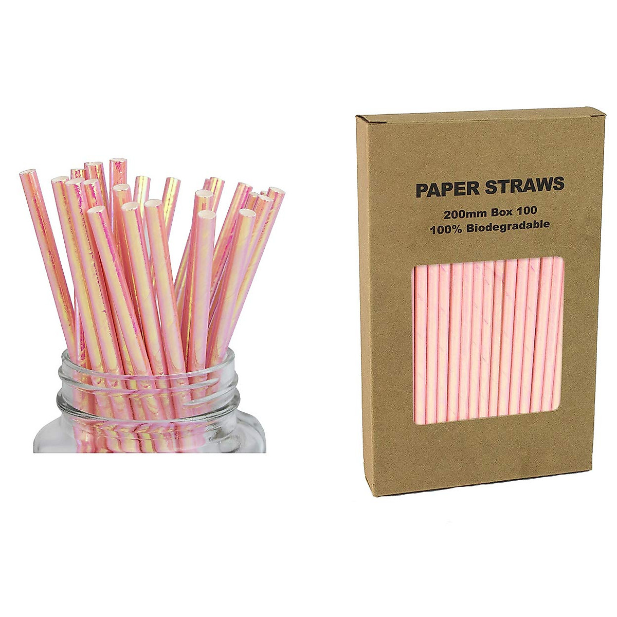 Iridescent Pink Paper Drinking Straws - Box of 100 Biodegradable Pearl Foil Straws for Milk, Juice, Swizzle Sticks for Treat Display Party Decor