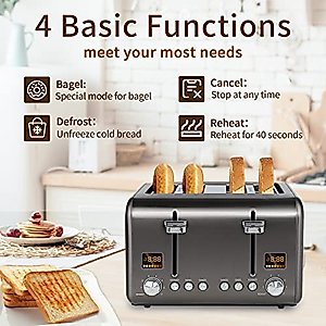 SEEDEEM Toaster 4 Slice, Stainless Steel Bread Toaster with Colorful LCD Display, 7 Bread Shade Settings, 1.4'' Wide Slots Toaster with Bagel/Defrost/Reheat Functions, Removable Crumb Tray, Dark Metallic, 1800W
