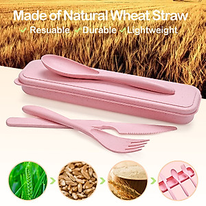 Reusable Travel Utensils Set with Case, 2 Sets Wheat Straw Portable Plastic Fork Spoons Knife Camping Cutlery, Eco-Friendly BPA Free Lunch Tableware for Kids Adults Travel Picnic Utensils
