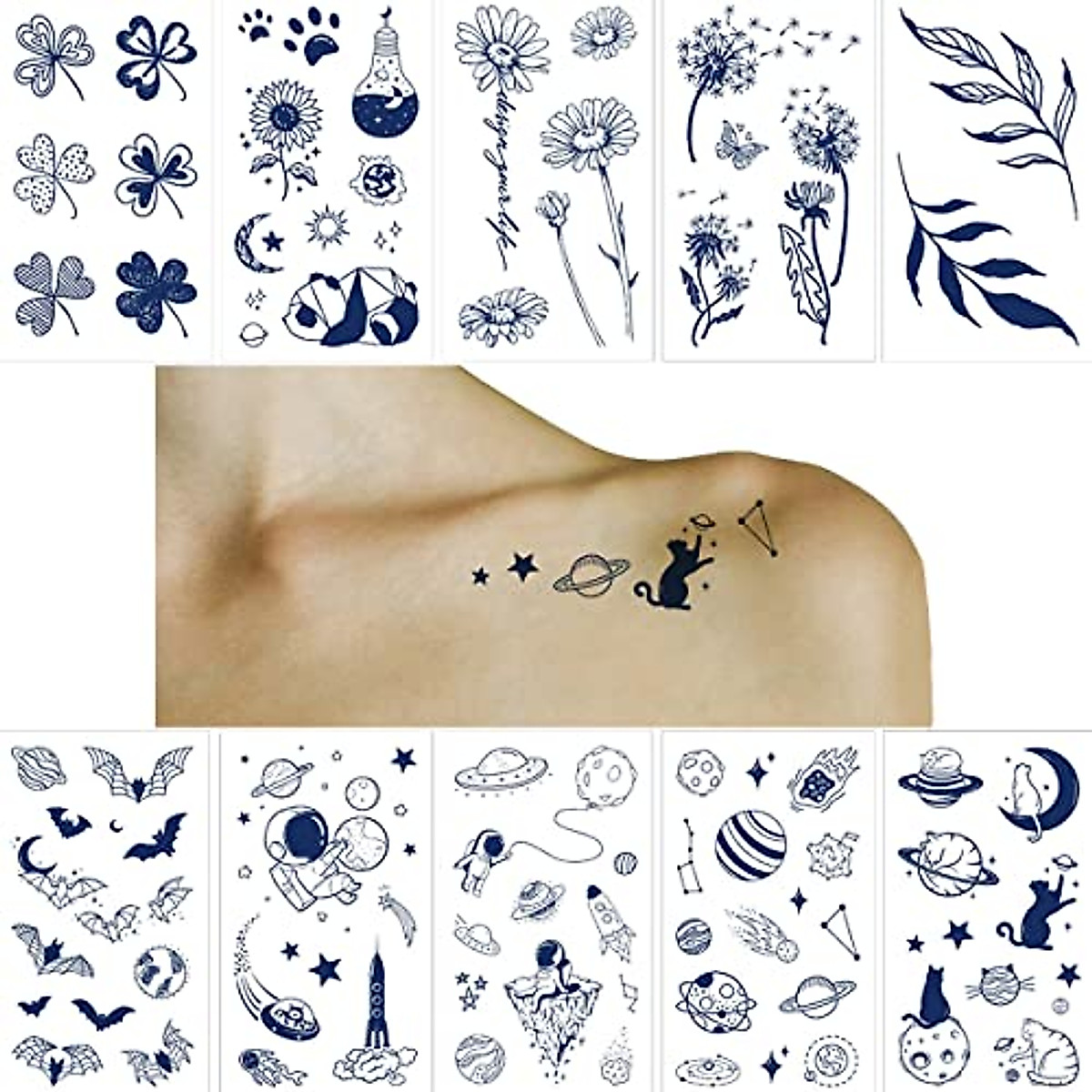 ANIUVOT Small Semi Permanent Tattoos Flower & Space for Women Teen Girls 10 Sheets, Plant-Based Ink, Realistic Temporary Tattoos Sun Moon Stars, Dandelion, Clover, Long Lasting for 1~2 Weeks
